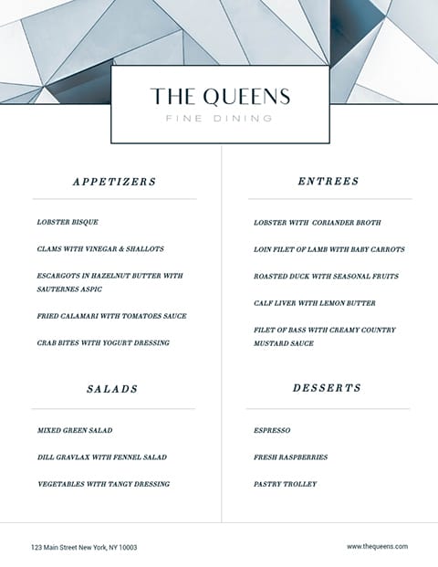 Fine Dining Menu Template Database