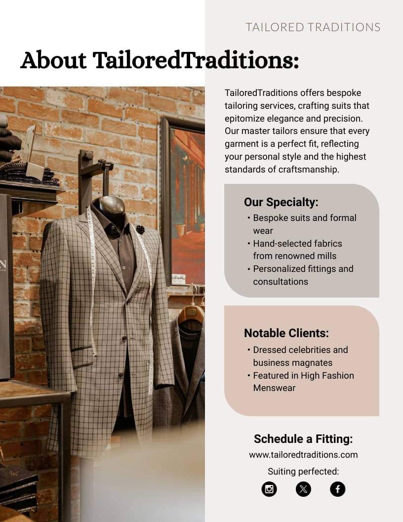 Bespoke Tailoring Service Press Kit Template | Visme