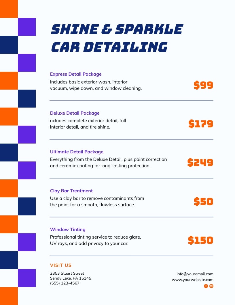 Car Detailing Price List Template | Visme