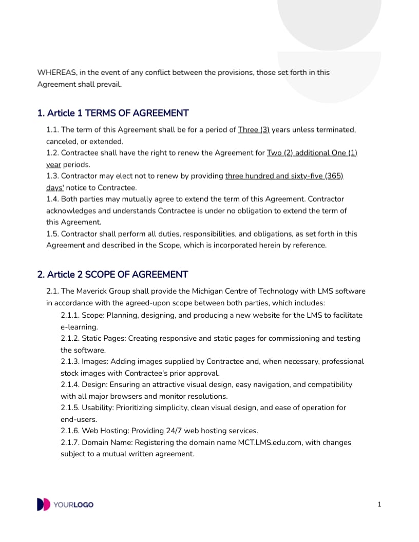 E-Learning LMS Software Contract Agreement Template | Visme