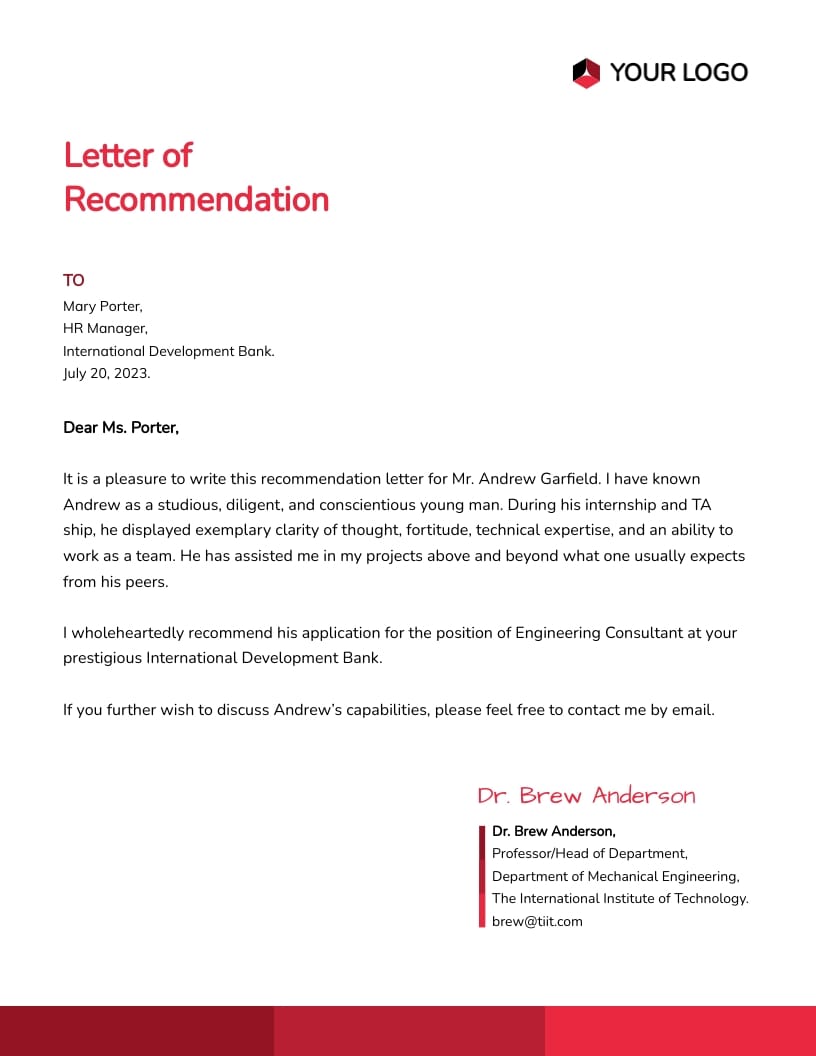 Graduate School Recommendation Letter Template Visme