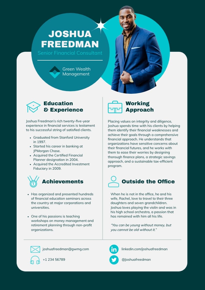 Financial Consultant Bio Template Visme
