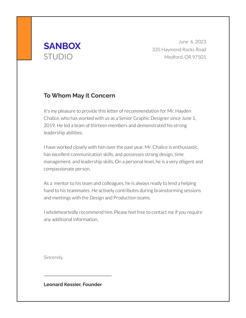 Graphic Designer Letter Of Recommendation Template Graphic Designer