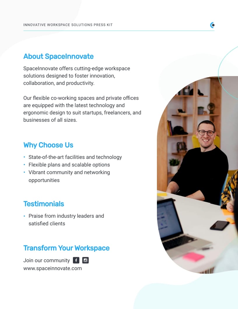 Innovative Workspace Solutions Press Kit Template | Visme
