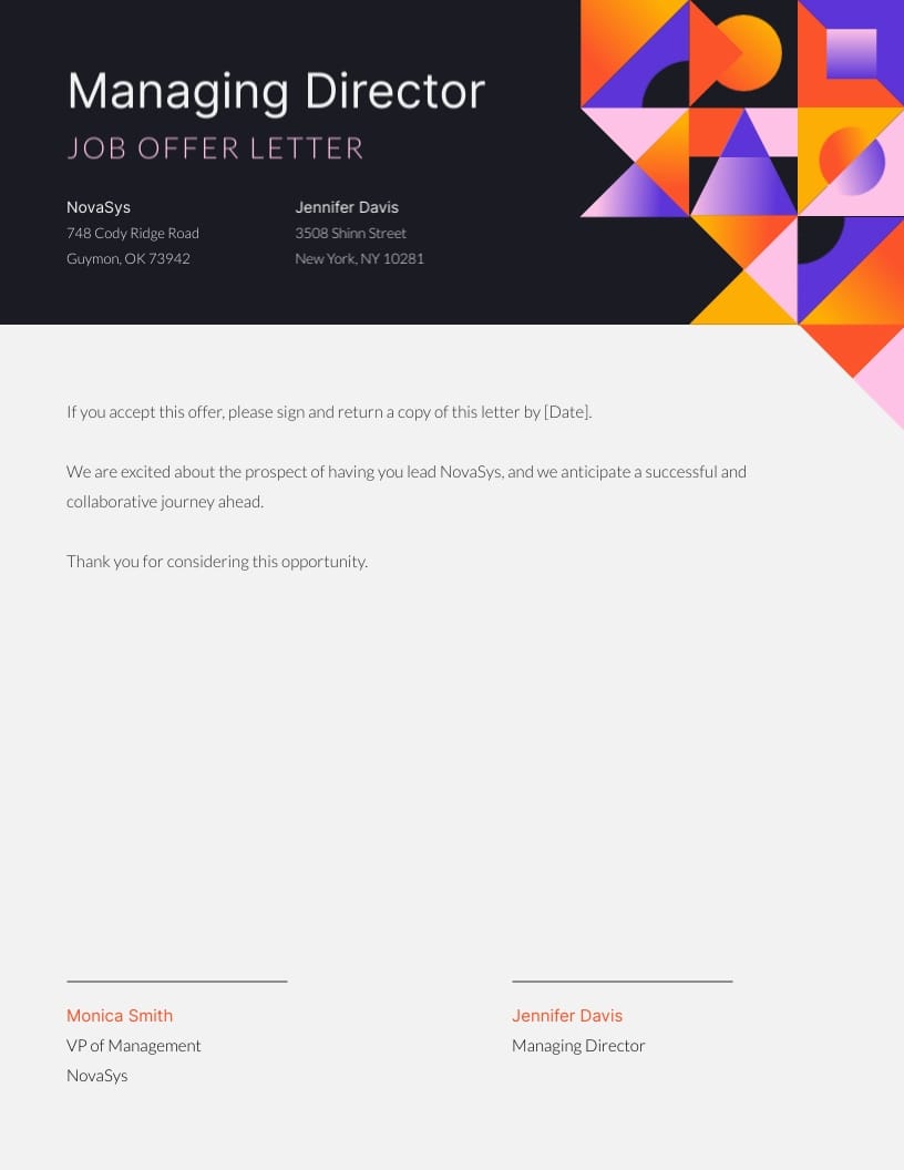 Managing Director Job Offer Letter Template | Visme