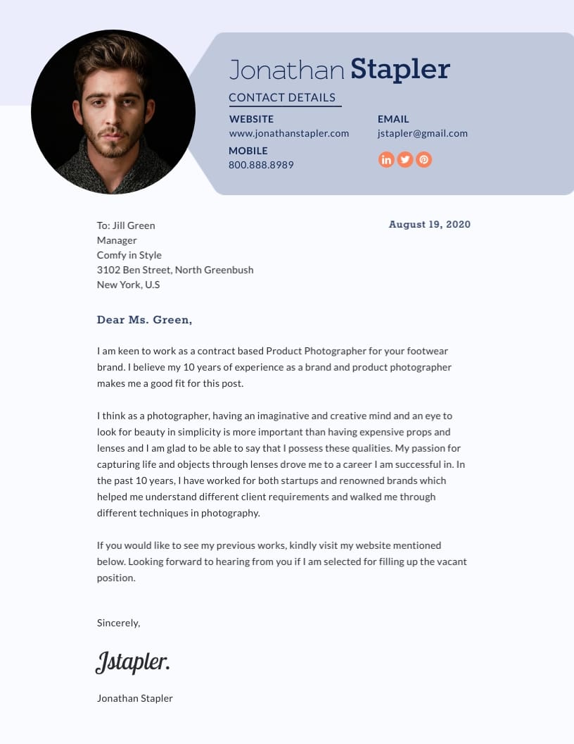 Photographer Cover Letter Template Visme