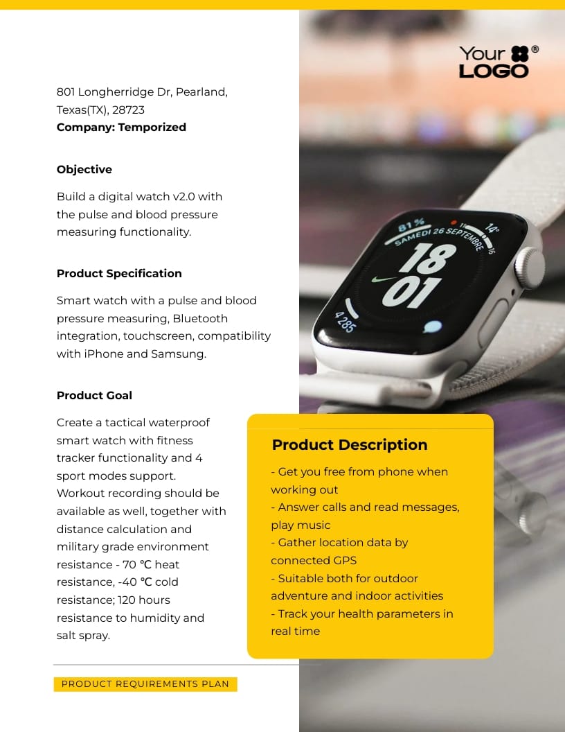 Sleek Smart Watch Product Requirements Plan Template | Visme