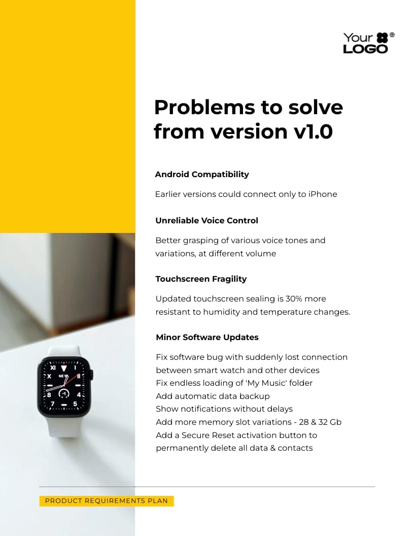 Sleek Smart Watch Product Requirements Plan Template | Visme