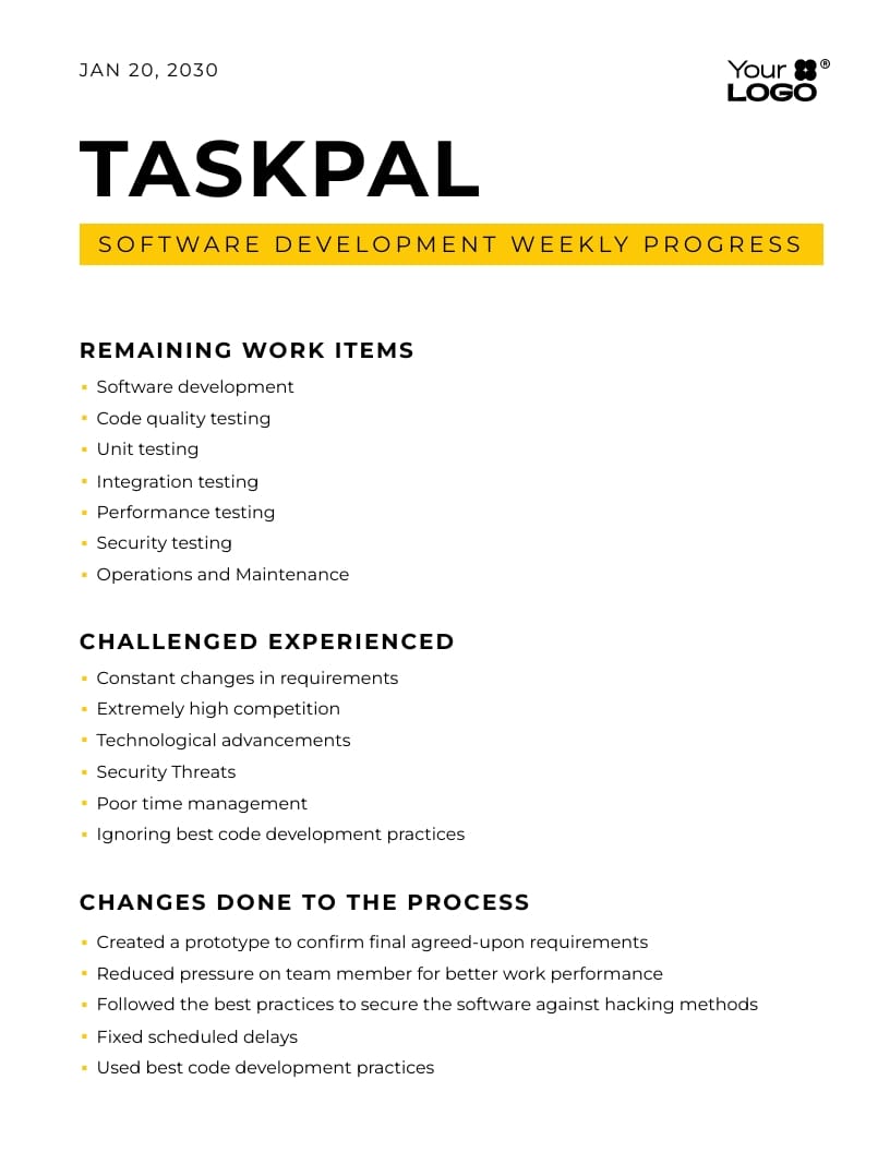 Sleek Software Development Weekly Progress Report Template | Visme