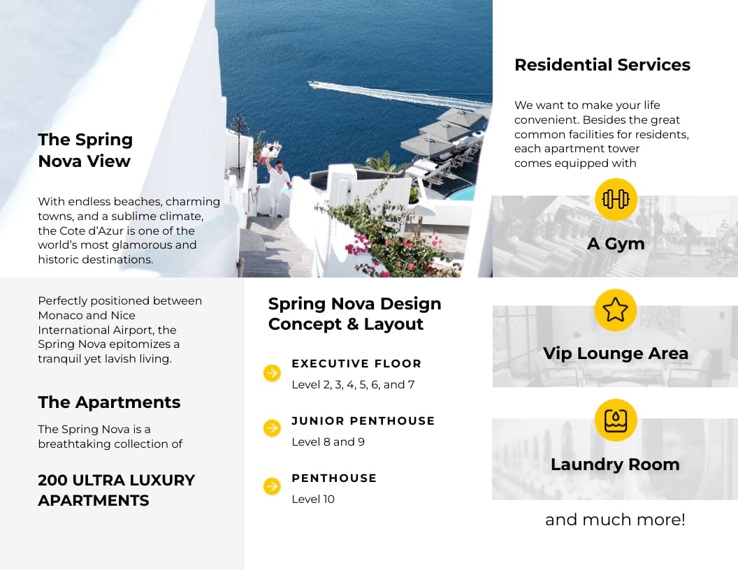 Sleek Spring Nova Luxury Apartments Trifold Brochure Template | Visme