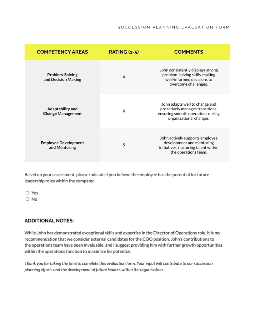 Succession Planning Evaluation Form Template | Visme